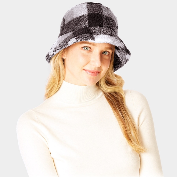 iFashionBox | Accessories | Black White Fur Bucket Hat Checkerboard ...